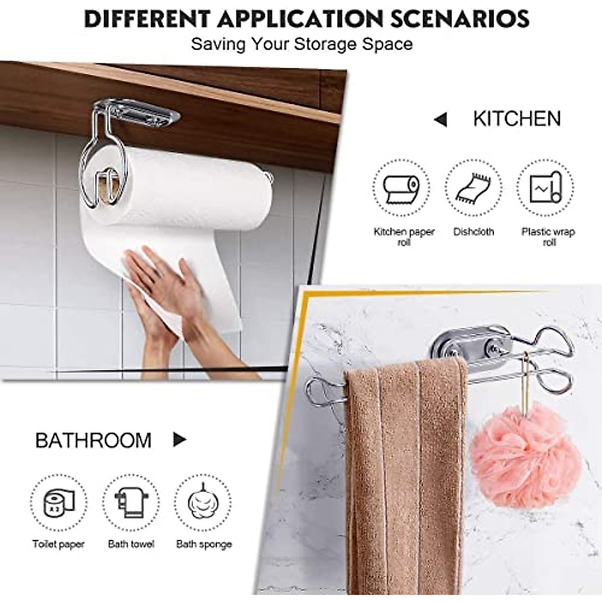 Paper Towel Holder Under Cabinet: 2 Pack SUS304 Stainless Steel Wall Mount Self-Adhesive Paper Towels Rolls for Kitchen (A-Wall-Mounted)