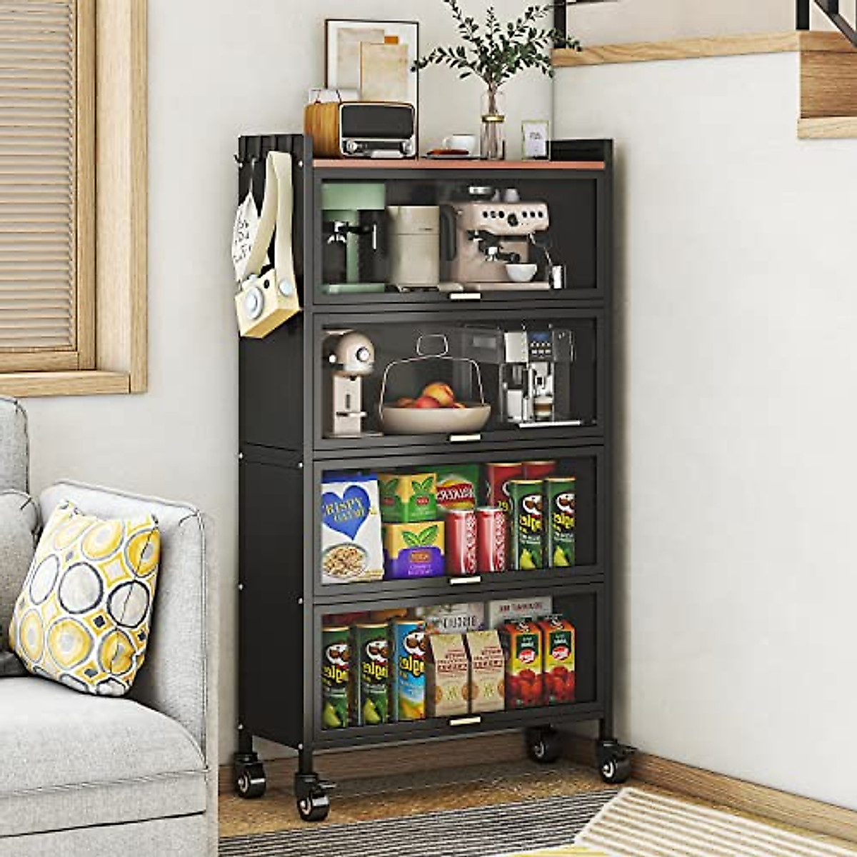GILLAS 5-Tier Bakers Racks for Kitchen with Storage, Free-Standing Microwave Stand with Organzier Shelf, Kitchen Utility Storage Shelf with Flip Door Cabinet, Coffee Bar Cabinet, Black, Medium