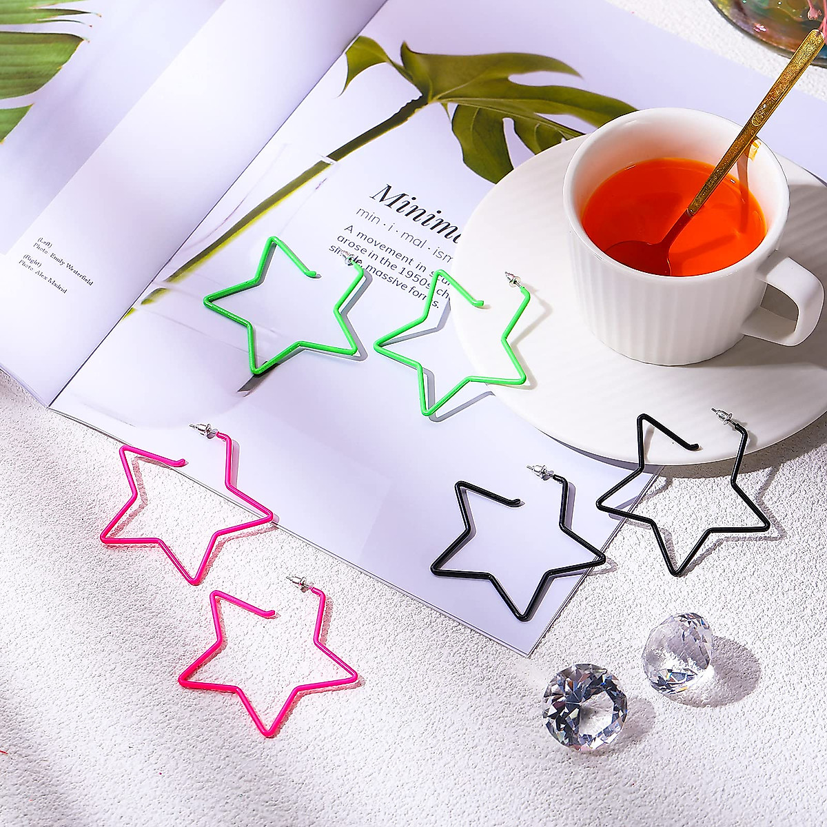 Hicarer 3 Pairs Neon Earrings 70s 80s Party Retro Earrings Gifts for Women Costume Party Accessory(Rose Red, Fluorescent Green, Black,Star Style)
