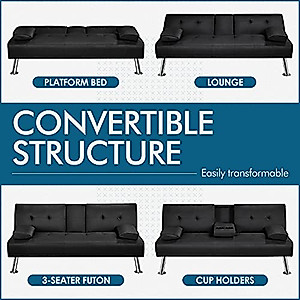 Yaheetech Linen Fabric Modern Sofa Bed Futon Couch Bed Folding Recliner Sleeper Reversible Loveseat Convertible Daybed, 2 Cup Holders, 3 Angles, 772lb Capacity, Removable Armrests, Black