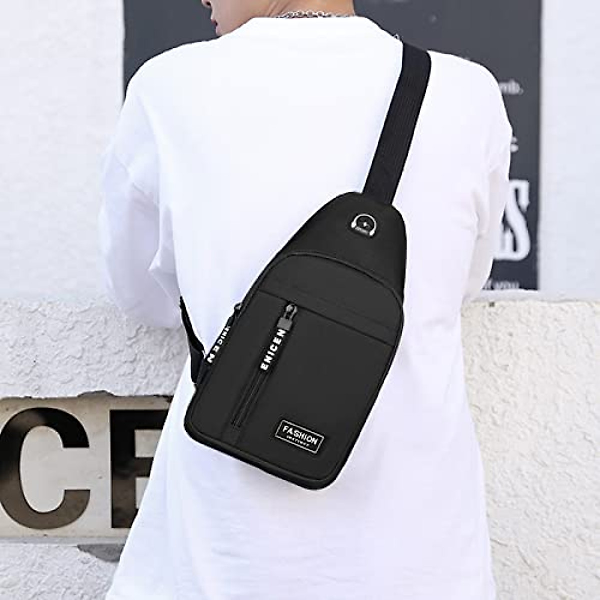 Men's Strap Bag Crossbody Backpack with Headphone Hole Waterproof Chest Bag Hiking Backpack