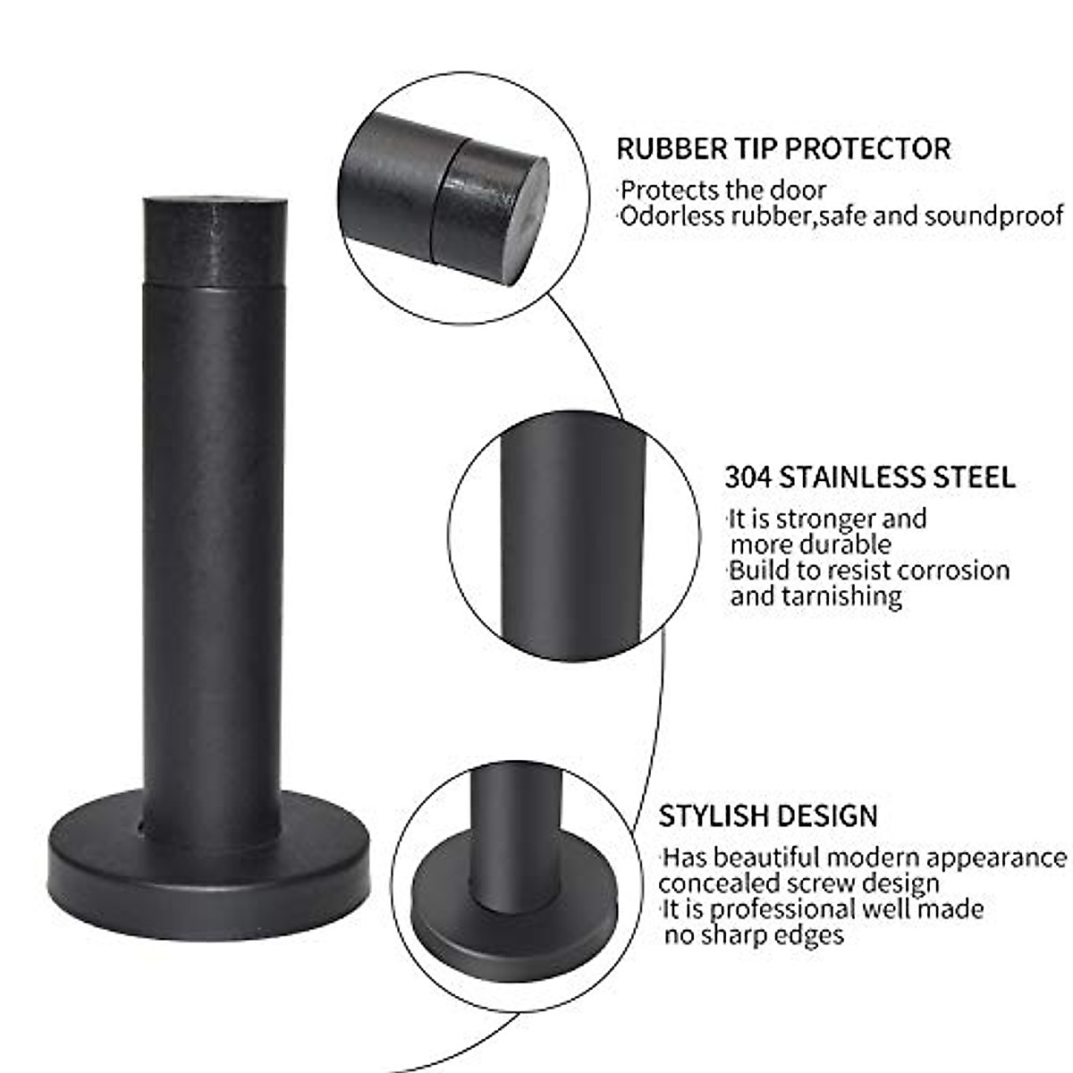 DOKU 3.5 Inch Door Stop, 3Pcs Heavy Duty 304 Stainless Steel Door Stopper with Rubber Tips Bumper, Wall Mounted Door Holder Protection Sound Dampening, Matte Black