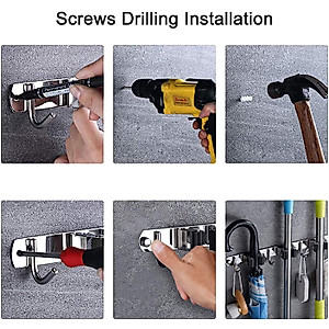 Mop Holder,Broom Organizer, 304 Stainless Steel Broom Holder with 3 Racks 4 Hooks, Wall Mount Garage Organizer Garden Tool Organizer,Hooks Hanger Rack Storage & Home Organization (1 Pack)