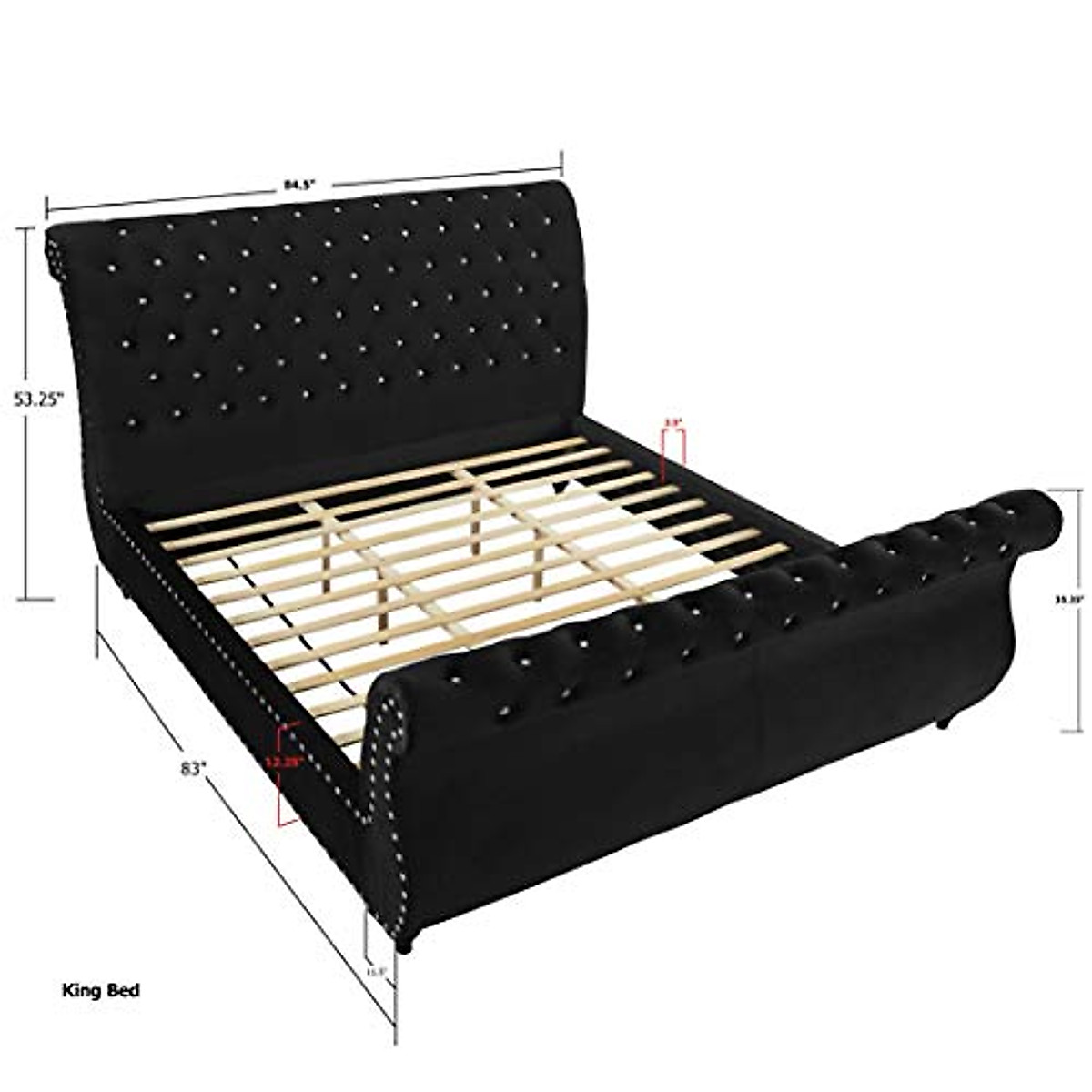 Roundhill Furniture Evora Velvet Upholstered Button Tufted, King, Black