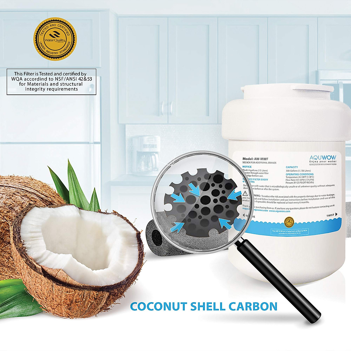 AQUWOW AW-MWF Refrigerator Water Filter MWF, Replacement for GE SmartWater MWFP, MWFA, GWF, HDX FMG-1, WFC1201, GSE25GSHECSS, PC75009, RWF1060, 197D6321P006