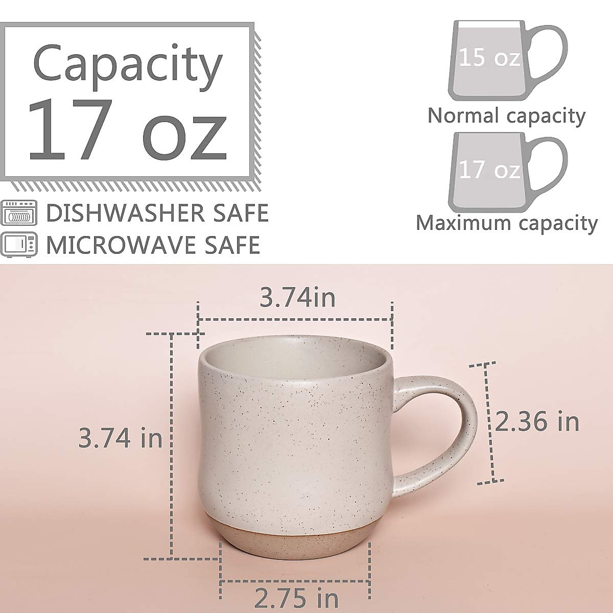 Bosmarlin Large Stoneware Speckled Coffee Mugs Set of 2, Big Ceramic Tea Cup, 17 Oz, Dishwasher and Microwave Safe (White, 2)