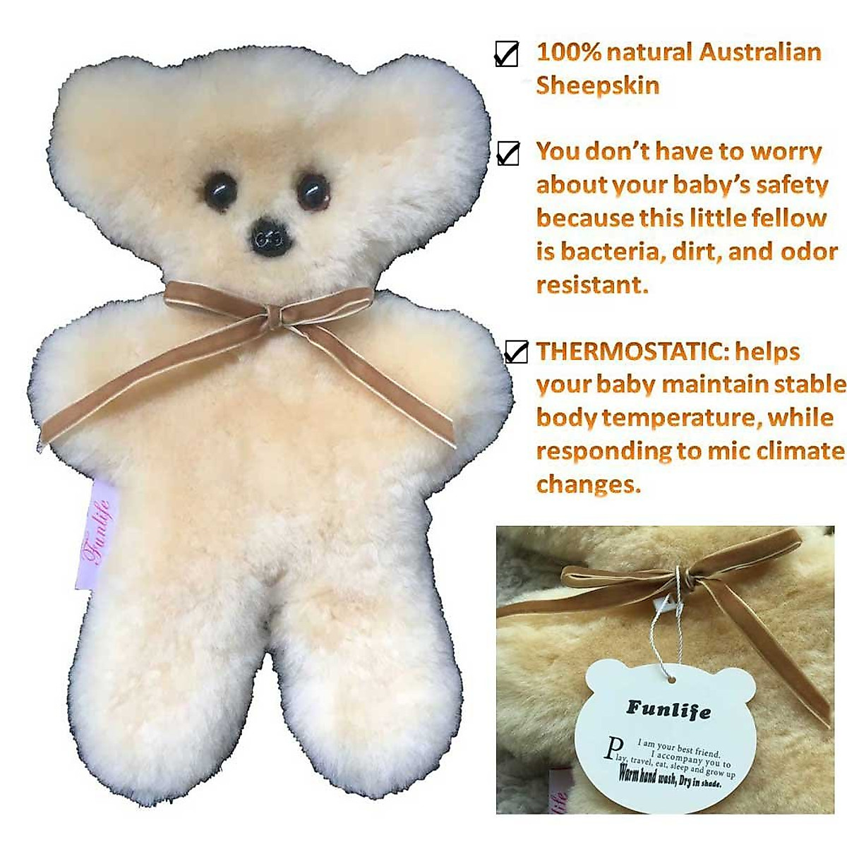 funlife 100% Australian Soft Lambskin Flat Teddy Bear for Baby Birthday Gift,Natural Snuggle Bear for Infant,Cream