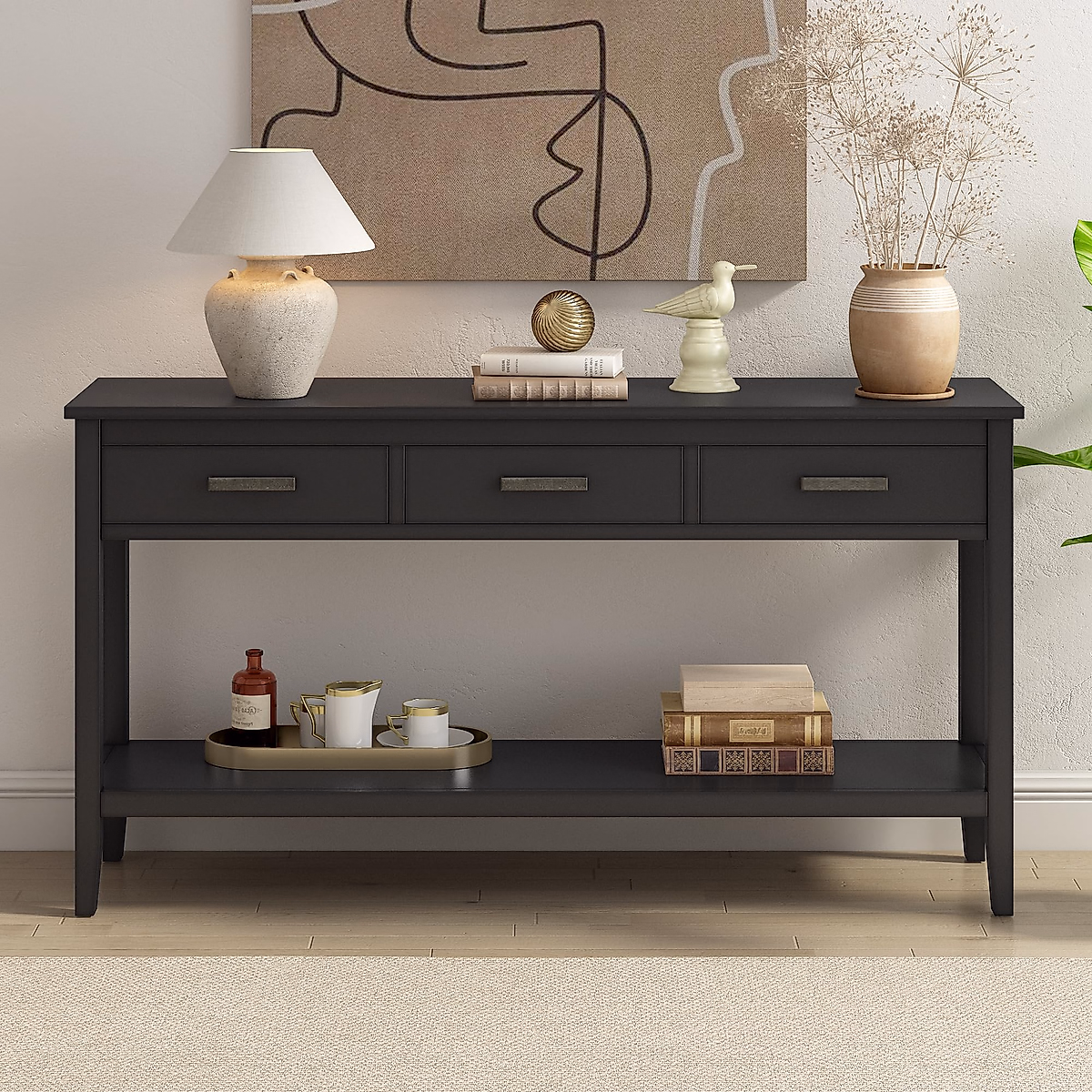 Quarte Modern 3-Drawer Console Table with 1 Shelf,Solid Wood Entryway Sofa Side Table for Hallway, Living Room, Foyer, Corridor, Easy to Assemble (Black#3-Drawer)