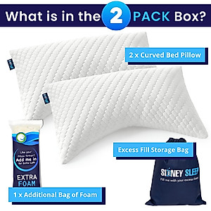 Sidney Sleep Set of 2 Queen Size Bed Pillows for Side and Back Sleepers - Adjustable Filling - Memory Foam Pillows for Neck and Shoulder Pain - Customizable Loft - Extra Foam Included (White)