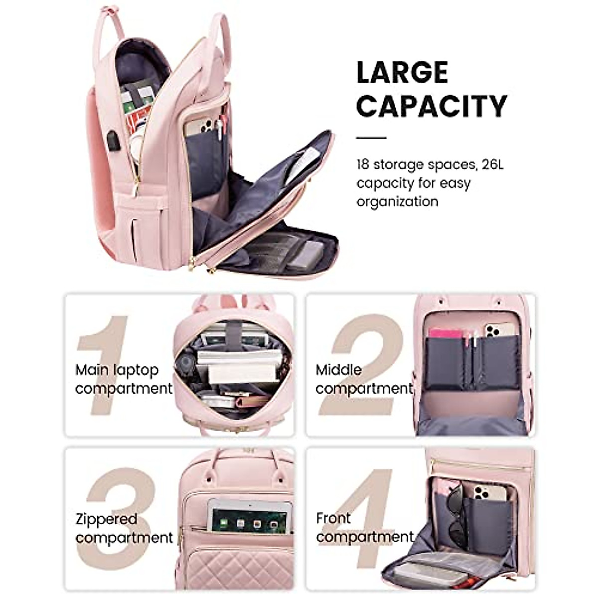 LOVEVOOK Laptop Backpack for Women, 15.6 Inch Computer Backpack for Teacher Nurse with Water Resistant, Lightweight Travel Work Backpack with USB Charging Port, Quilted Commuter Backpack purse, Pink