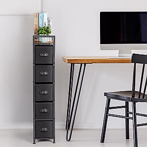 MOOACE Narrow Dresser with 5 Drawers, Slim Storage Chest Organizer Dresser for Bedroom - Storage Tower with Wood Top and Steel Frame for Bathroom, Living Room, Hallway, Black