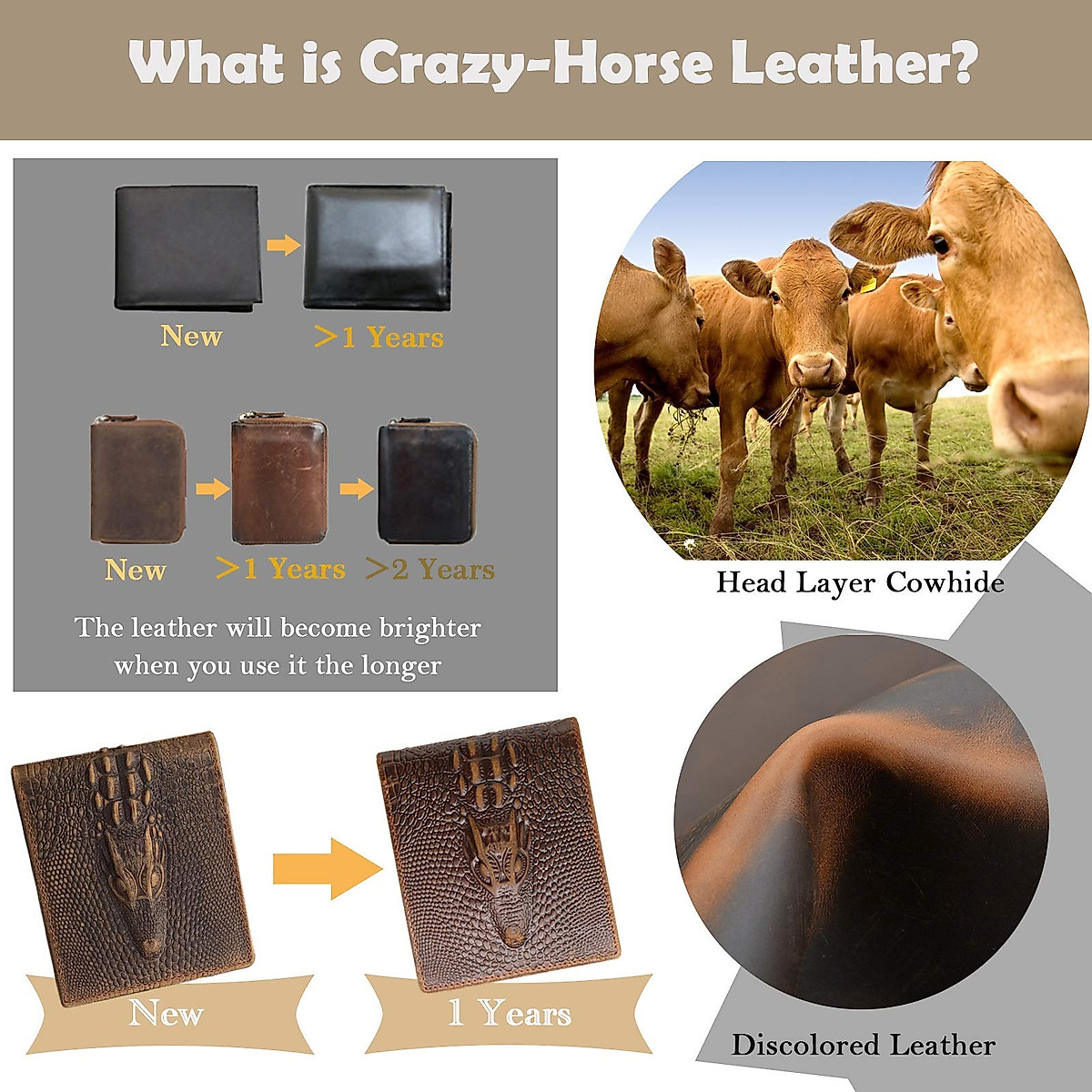 HRS Crocodiile Wallets for Men- Ultra Slim Genuine Leather Mens Bifold Wallet Vintage Personal with Alligator Embossed