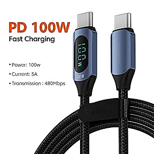 5A Type C to Type-C Cable Super Turbo Charging PD 100W Digital LED C to C Nylon Braided for Samsung High Stable Current Save PVC USB-C Charger Fast-Speed Data Sync Smart Chip 2Meter Length (2M-Blue)
