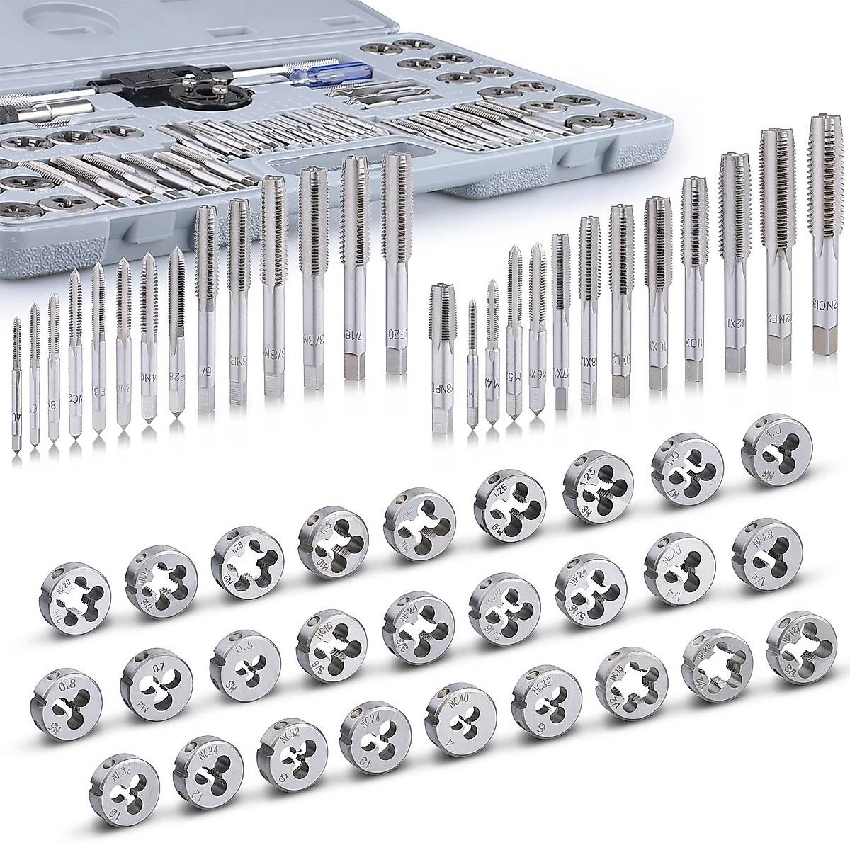 60-Pc Master Tap and Die Set - Include SAE Inch Size #4 to 1/2” and Metric Size M3 to M12, Coarse and Fine Threads | Essential Threading Rethreading Tool Kit with Complete Accessories and Storage Case