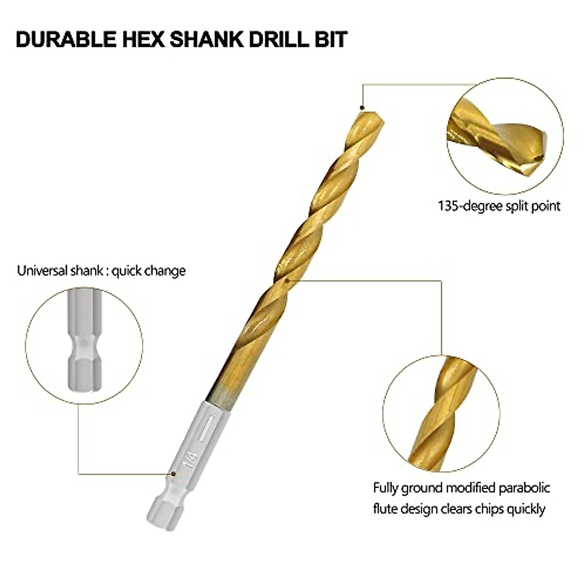 GMTOOLS 13 Pcs Titanium Coated Twist Hex Shank Drill Bit Set, 135 Degree Tip HSS Impact Drill Bit Set with Storage Case for Metal, Aluminum, Steel, Wood, Plastic, Quick Change Design 1/16" to 1/4"