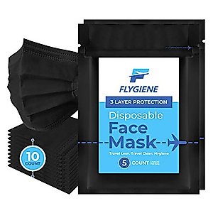 FLYGIENE Travel Size Face Mask | 10 Count | Breathable Travel Face Mask 3 Ply Black Disposable Face Mask for Adults | TSA Approved Air Travel Mask for Airplane Travel | Black | 10 Count (2 Packs of 5)