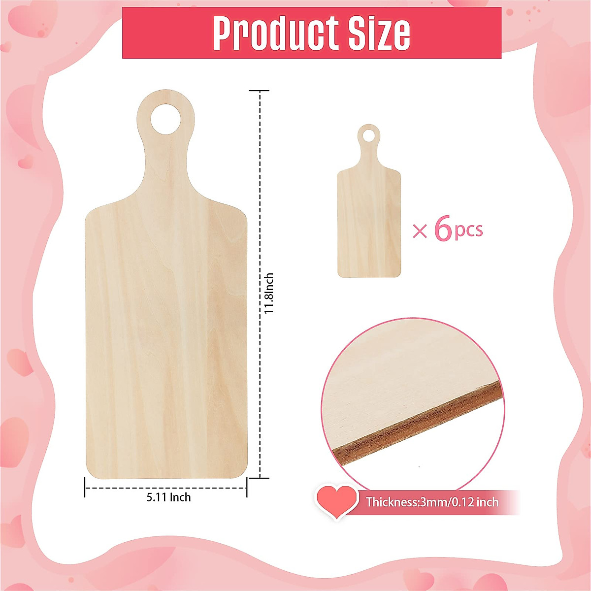 6 Pieces Mini Wooden Cutting Boards with Handle Wooden Paddle Chopping Board Unfinished Wood Boards for Home Kitchen Cooking Decor DIY Craft (Rectangle,11.8 x 5.1 Inch)