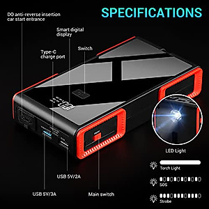 Veama Jump Starter, 4500A Peak Car Jump Starter Battery Pack for Up to 9L Gas or 7L Diesel Engines,Safe 12V Portable Battery Starter Power Pack with Full Screen & LED Light