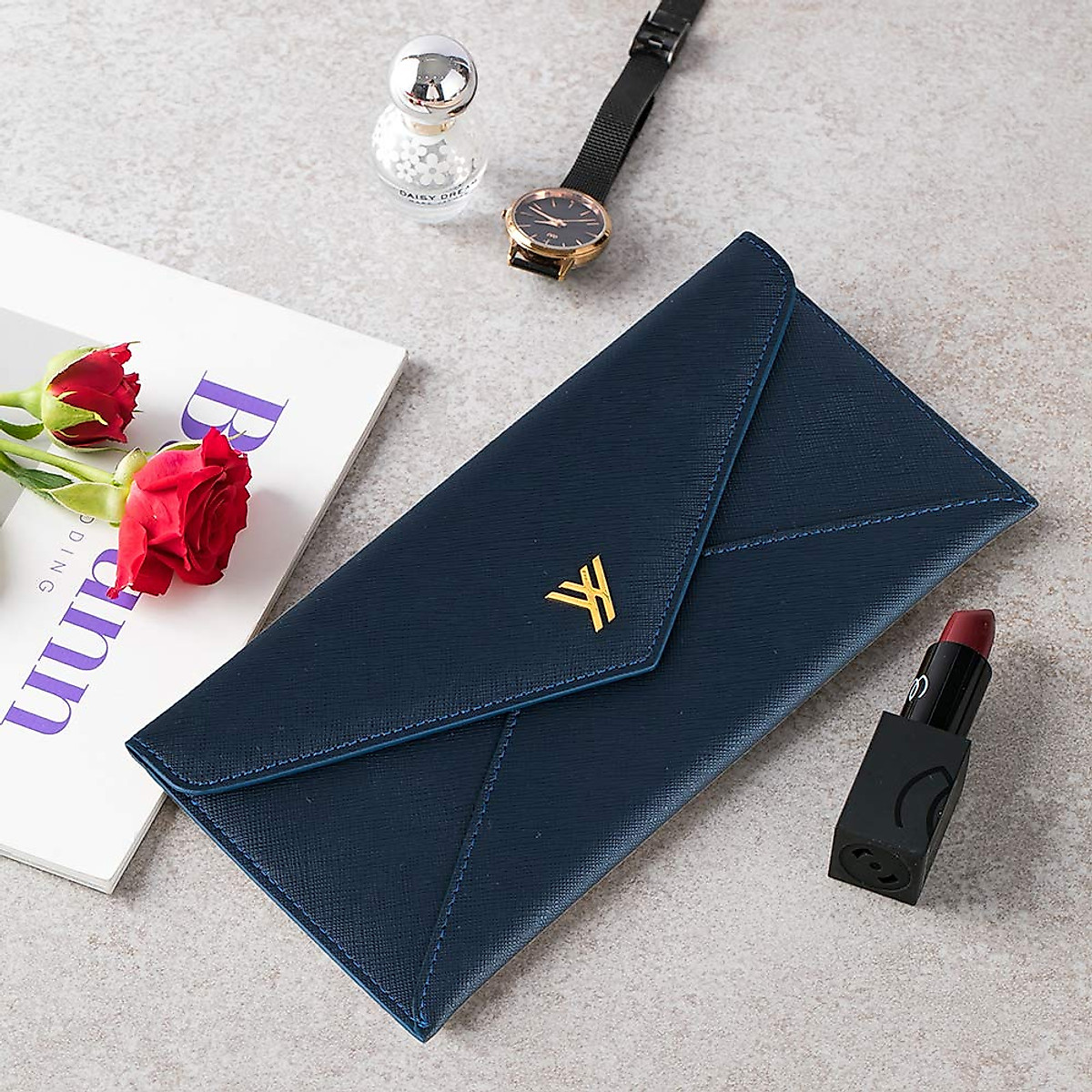 YBONNE Women's Long Wallet RFID Blocking Envelope Purse, Made of Saffiano Leather (Dark Blue)