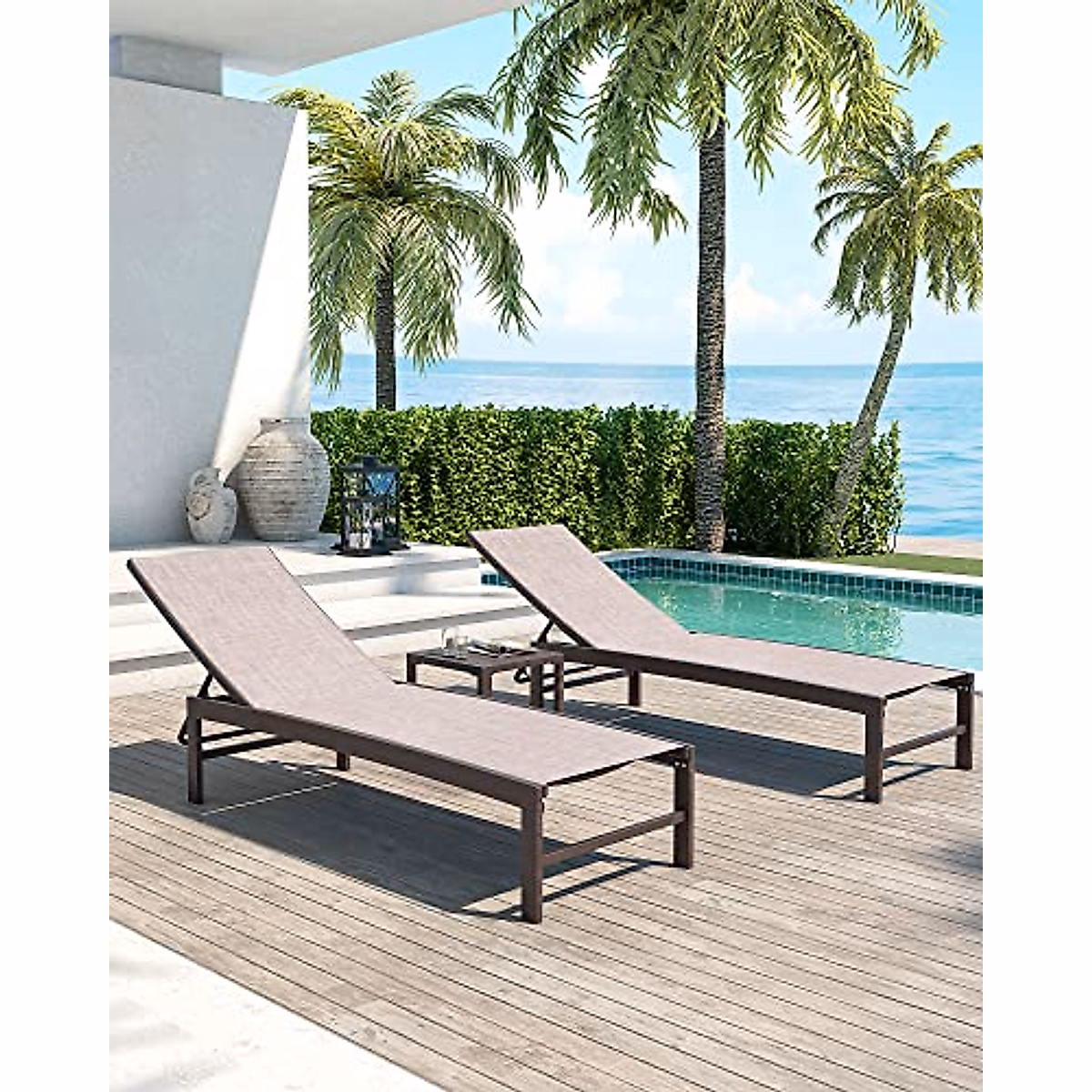 Crestlive Products Patio Chaise Lounge Set, 2PCS Outdoor Aluminum Lounge Chairs with 1PC Side Table, Adjustable Five-Position Recliner for Beach Pool Sunbathing Lawn, Yard (Beige)