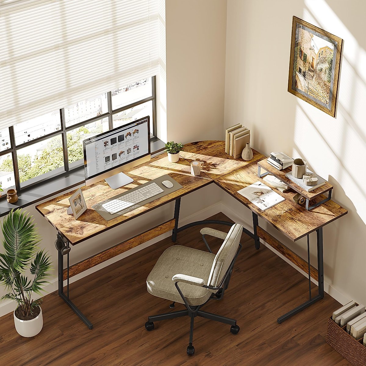 Cubiker L Shaped Desk, Computer Corner Desk, Gaming Desk with Monitor Stand, Home Office Study Writing Workstation, Space-Saving（47 Inch Rustic Brown）
