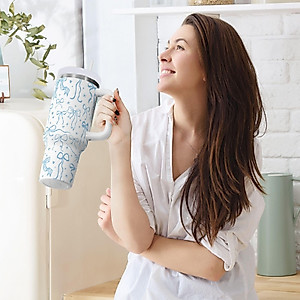 Bseiialft 40 oz Tumbler with Handle Blue Bows Heart Star Water Bottle with Lid and Straw Vacuum Insulated Cup Stainless Steel Travel Coffee Mug for Home Office Car