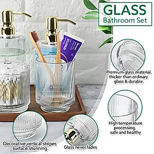 Bathroom Accessory Set,5 PCS Modern Premium Clear Glass Bath Accessories,Set of 2 Lotion Soap Dispenser,Toothbrush Holder,Qtip Holder & Acacia Wooden Tray,Gift for Home Decor & Countertop Organizer