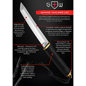Grand Way Bundle of 2 Items - Japanese Fixed Blade Tanto Knife - 5,9" Polished Sharp Blade - Knives with Paracord Handle - Hiking Hunting Knofe - Sharp Blade Tool - Birthday Christmas Gifts for Men