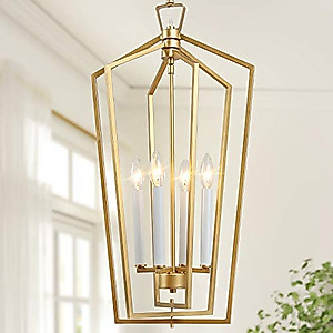KSANA Gold Chandelier, 4-Light Gold Lantern Pendant Light with Adjustable Framework for Kitchen, Dining Room, 14" W x 28.3" H