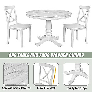 Dinehome 5-Piece Kitchen Room Solid Wood Round Dining Table and Chairs Set for 4, White