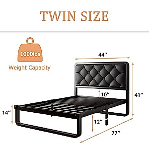 iPormis Twin Size Metal Bed Frame with Faux Leather Headboard, Curved Platform Bed Frame, Thicker Metal Steel Slats Support, 12'' Under-Bed Space, Noise-Free, Easy Assembly, Black
