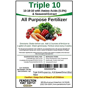 Triple 10 All Purpose Liquid Fertilizer 10-10-10 with Amino Acids (5.5%) & Seaweed Extract (32oz)