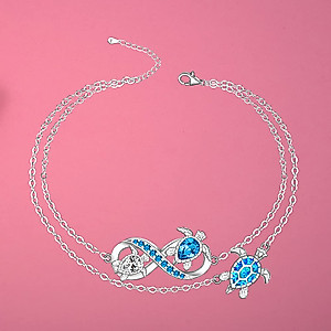 Turtle Anklet Blue Opal Sea Turtle Ankle Bracelets for Women Sterling Silver Infinity Wave Ocean Beach Summer Foot Bracelet Jewelry Layered Adjustable