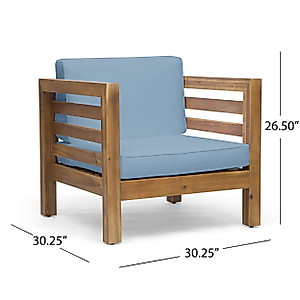 GDFStudio Outdoor Acacia Wood Club Chair with Cushion, Teak Finish and Blue