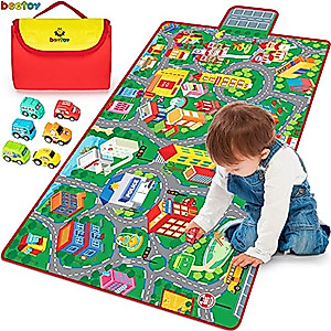 beetoy Car Rug Play Mat, Car Mat for Kids Toy Cars, Car Play Rug Toy Car Mat Large Car Play Mats for Kids City Life Race Car Track Rug Portable Anti-Slip Educational Rug with Roads for 6 Toy Cars