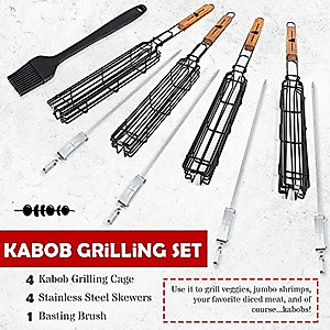 Gnome Mames Kabob Grilling Baskets - Set of 8 Large BBQ & Veggie Grill Baskets + Stainless Steel Skewers - Silicone Basting Brush - Easy Vegetable & Meat Removal with No Mess Slider - Basket Lid Holds Ingredients- Gifts For Father, Dad, or Husband-BBQ Gri