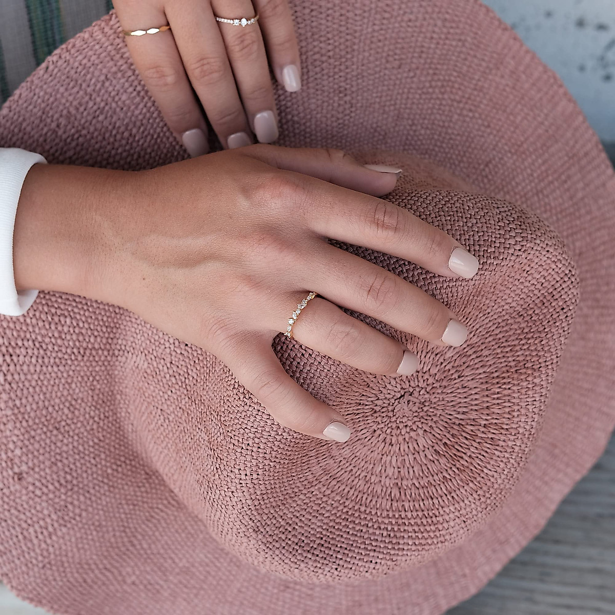 BLOSSOM & HUE Rhodium Plated Sterling Silver Cluster Ring | Multi Simulated Diamond | Milgrain Marquise and Round CZ Wedding Ring | Delicate Eternity Stackable Band