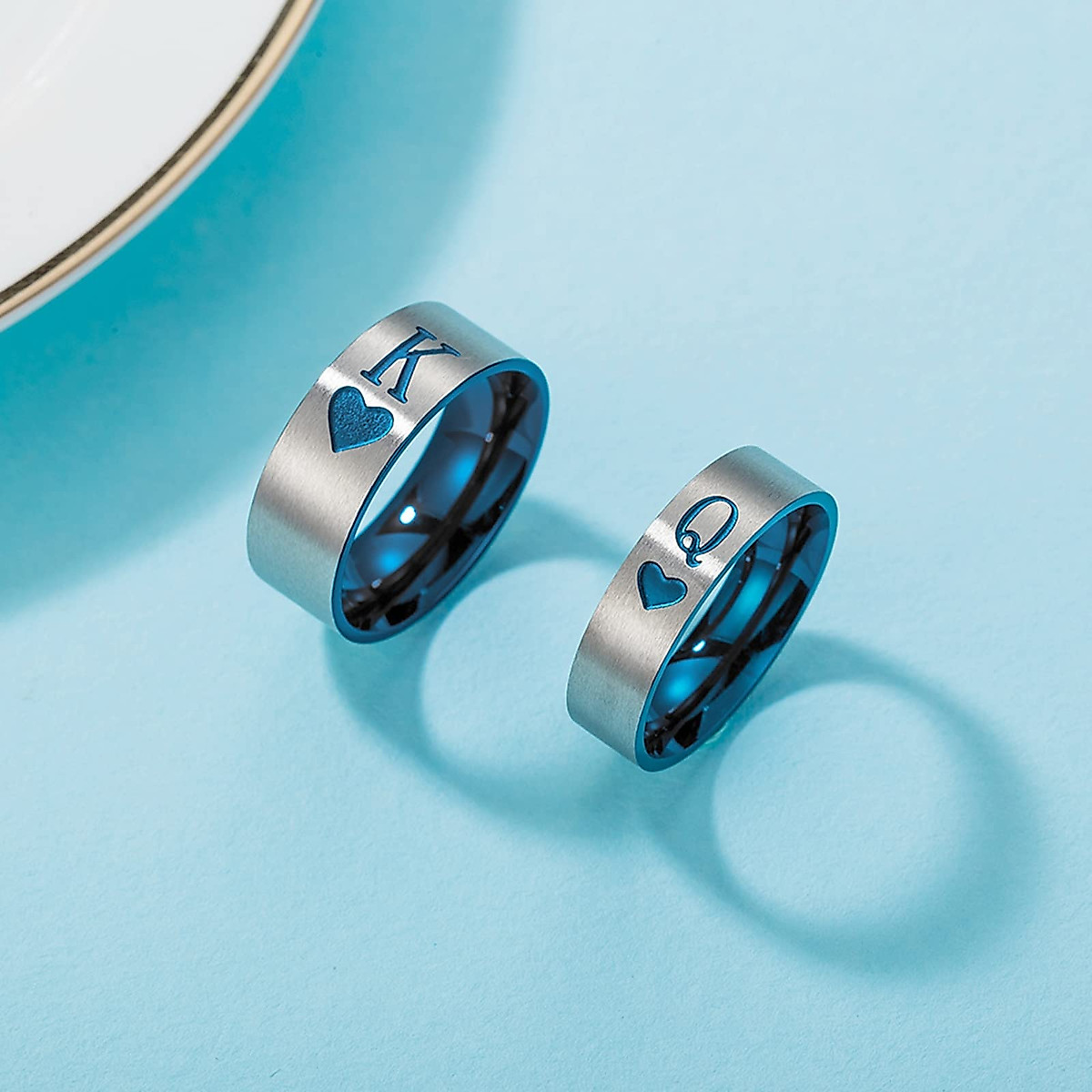 Beydodo Couples Promise Rings Engraved, Stainless Steel Anniversary Rings Size 9 and 11 King and Queen Ring with Heart