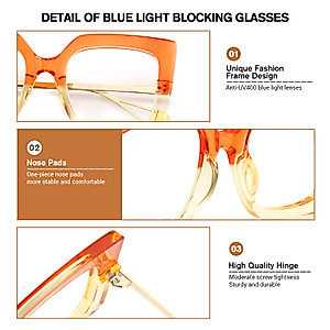 VOOGLAM Oversized Thick Square Blue Light Blocking Glasses for Women Orange Fashion Eyewear with Pearl Inlay Arm Anti Eyestrain UV Valarie
