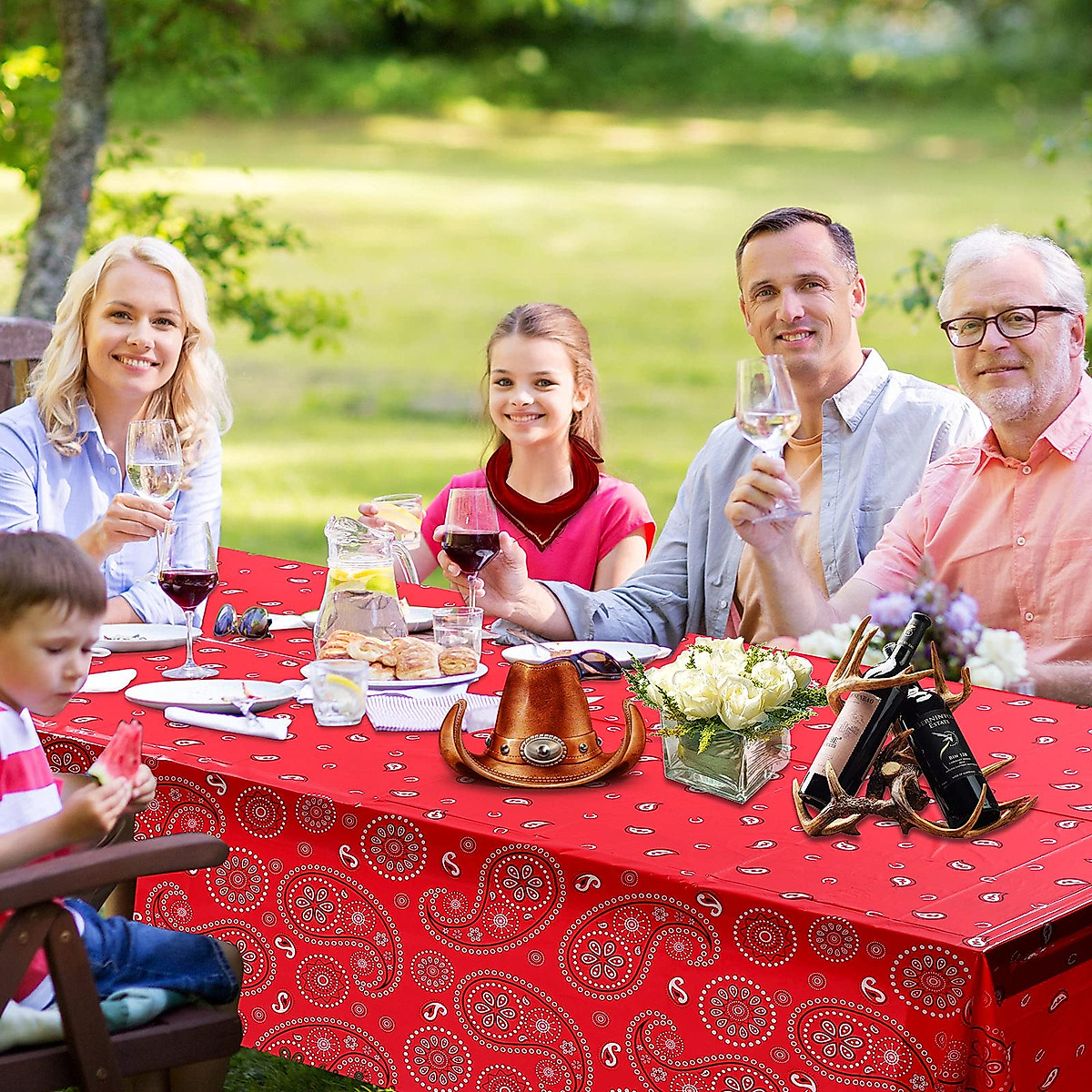 Western Party Tablecloth Paisley Table Cover Bandana Plastic Table Cloth Rectangle Floral Tablecloth for Western Cowboy Themed Party Decorations, 108 X 54 Inches (Red, 1 Pack)