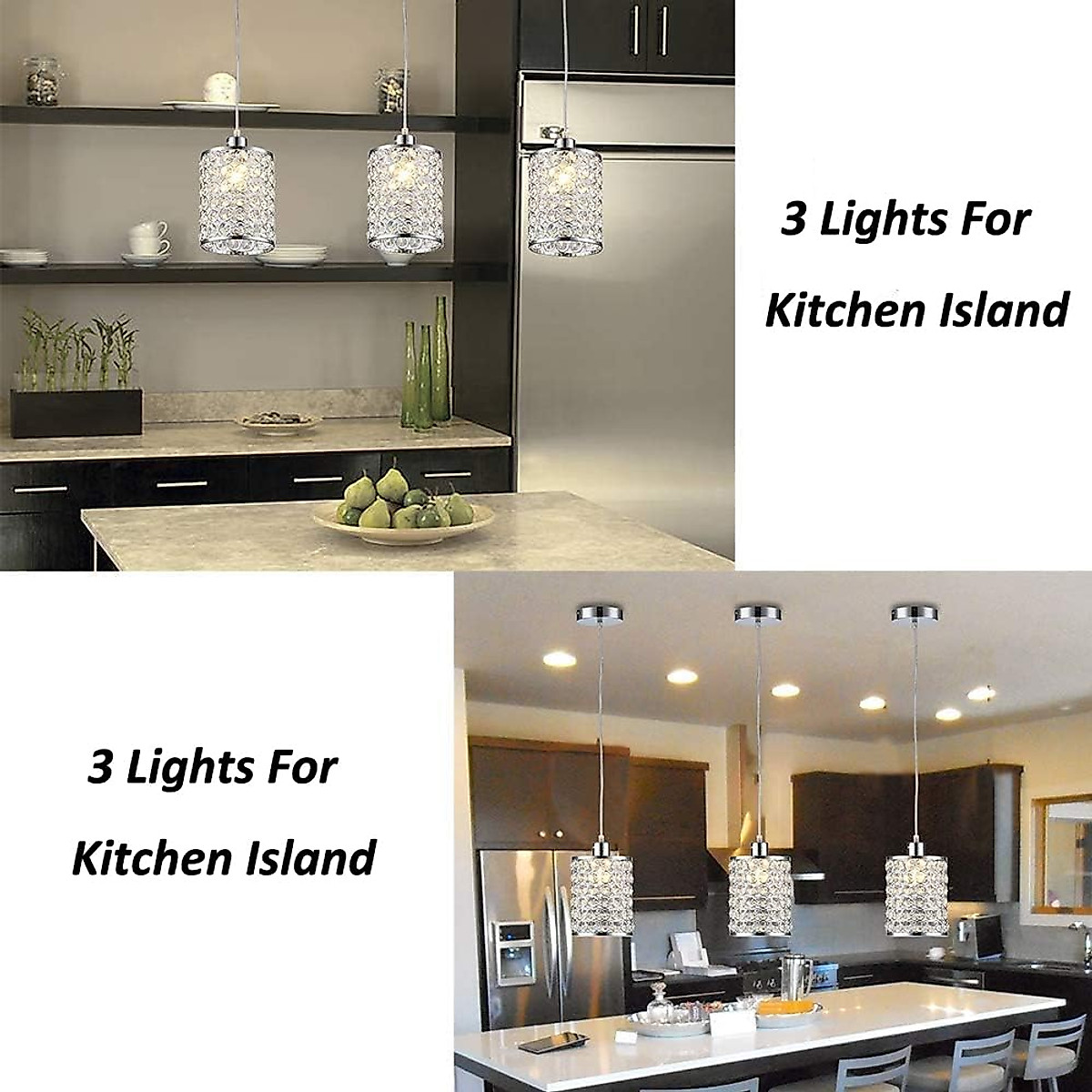 Cuaulans 3 Pack Crystal Pendant Light, Modern Chrome Kitchen Island Pendant Lighting,Cord Adjustable Bar Ceiling Hanging Lights for Kitchen Dining Room Bedroom Bar