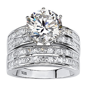 PalmBeach Jewelry Yellow Gold-Plated or Platinum-Plated Sterling Silver Round Cubic Zirconia 2 Piece Channel Set Bridal Ring Set Size 6