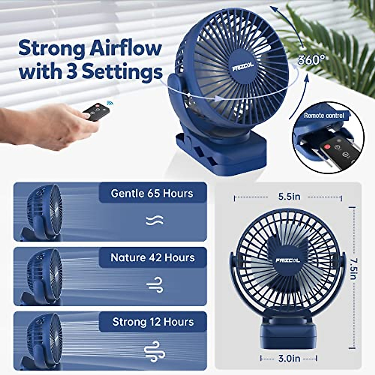 Clip on Fan 65 Hours Portable Desk Fan Rechargeable with LED Lights & Hooks 12000 Capacity Battery Operated Fan with Clips Small Desk Fan Mini Fans for Tents Travel Outdoor Camping Golf Cart Stroller