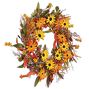 Fall Front Door Wreath,20” Artificial Floral Wreath with Orange Daisies and Foliage,Autumn Wreath with Small Pumpkin and Berry for Home Wall Window and Thanksgiving Decor-Beautiful Gift Box Included