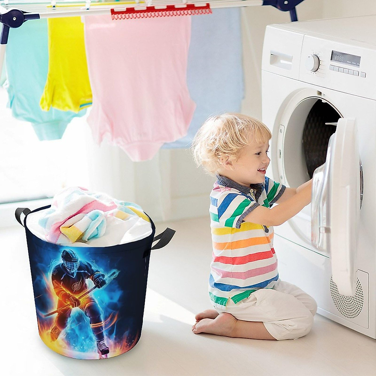 Hockey Player Playing Laundry Basket Hamper Bag Dirty Clothes Storage Bin Waterproof Foldable Toy Organizer for Bedroom Clothes Toys Basket