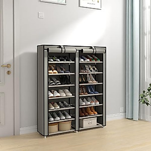 JIUYOTREE Double Row Shoe Rack Storage Organizer with Big Capacity,7-Tier Shoe Cabinet,Shelf,Closet with Nonwoven Fabric Cover for 28 Pairs of Shoes,Grey