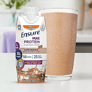 Ensure Max Protein Shake | Café Mocha | Meal Supplement Shake | Ready to Drink | 30g Protein for Muscle Building | 1g Sugar, 4g Fiber | 11 fl oz - 12 Pack