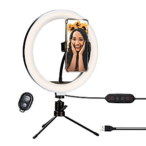 Desk Ring Light with Stand, 10'' Dimmable Selfie Ring Light with Mini Tripod Stand and Phone Holder, Make Up LED Ring Light with Bluetooth Shutter for Zoom Meetings/Vlog/Tiktok/YouTube