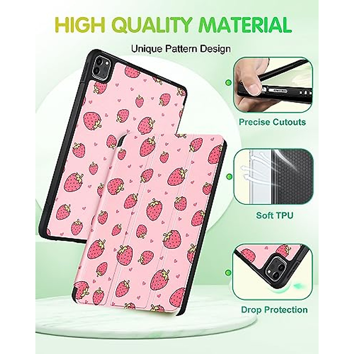 Uppuppy for iPad Air 5th/4th Generation Case 10.9, for iPad Pro 11 Inch Case Girls Cute Kids Women Folio Cover Pencil Holder Strawberry Design Girly Kawaii for Apple iPad Air 5/4 (2022/2020)/Pro 11"