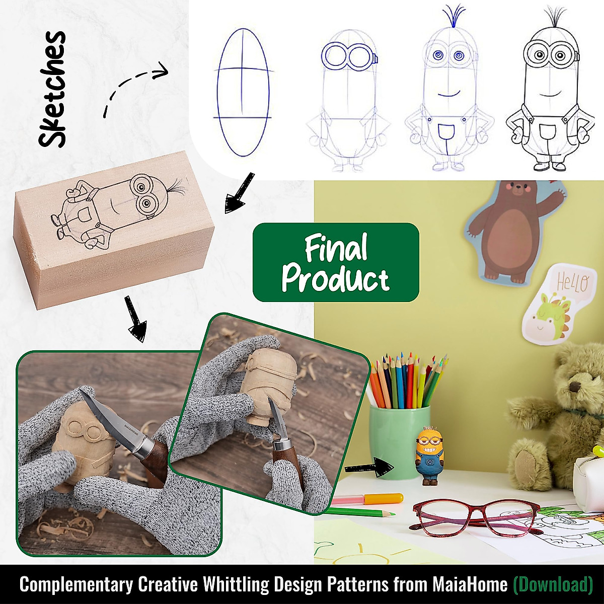 Wood Whittling Kit for Beginners - Experience Ideal for Novice Wood Carvers, Complete with 3 Carving Knives, 8 Basswood Blocks, and Safety Gloves. A Great Wood Carving Tools Set for Adults and Kids